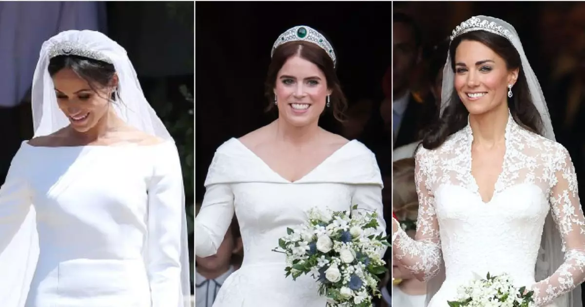 Siehe Prinzessin Eugenies Hochzeitskleid Vs. Kate Middleton und Meghan Markle